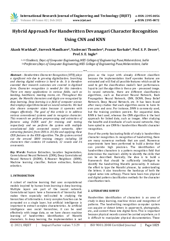 (PDF) Hybrid Approach For Handwritten Devanagari Character Recognition Using CNN and KNN