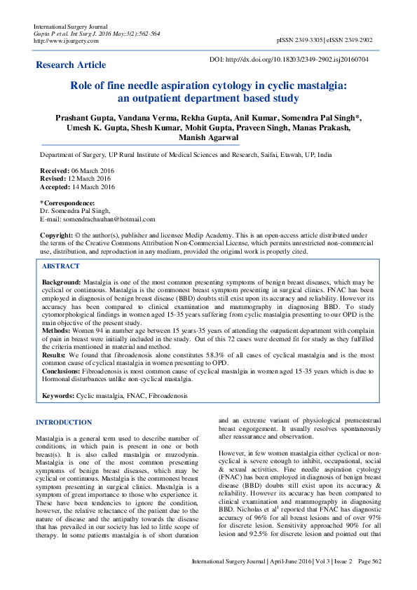 (PDF) Role of fine needle aspiration cytology in cyclic mastalgia: an ...