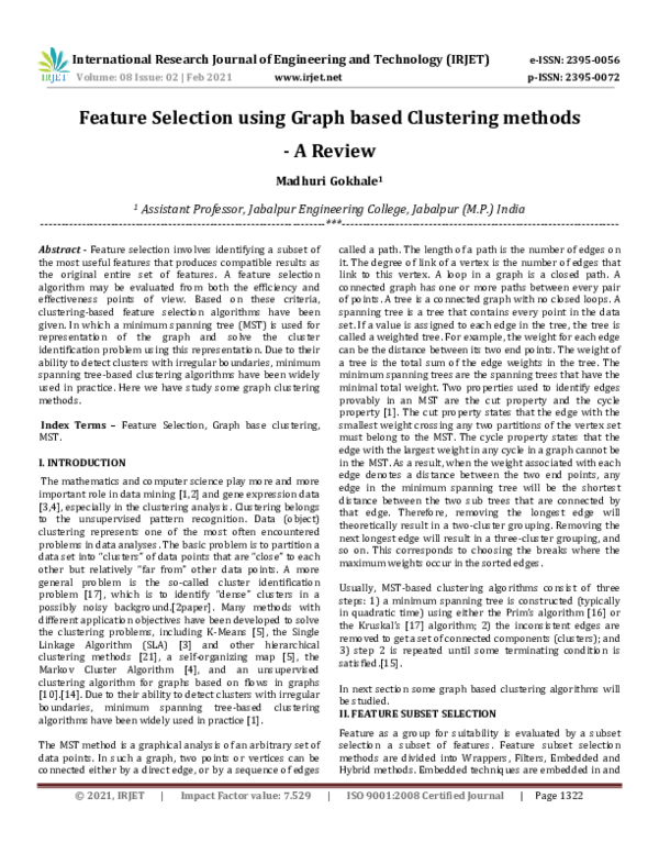 Pdf Irjet Feature Selection Using Graph Based Clustering Methods A Review