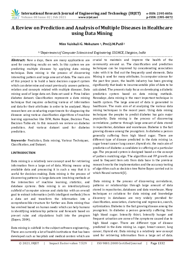 (PDF) IRJET- A Review on Prediction and Analysis of Multiple Diseases in Healthcare using Data ...