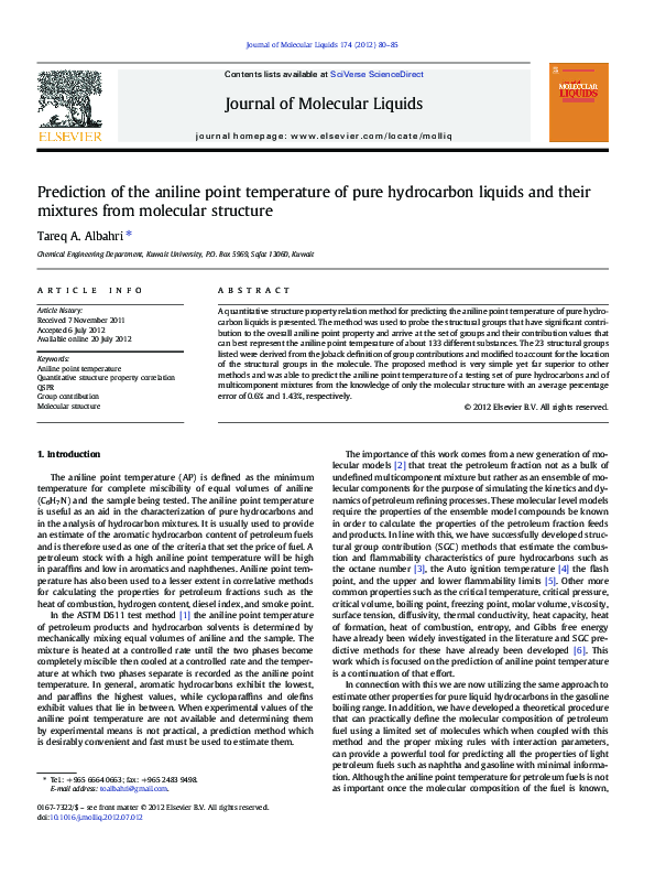 (PDF) Prediction of the aniline point temperature of pure hydrocarbon ...