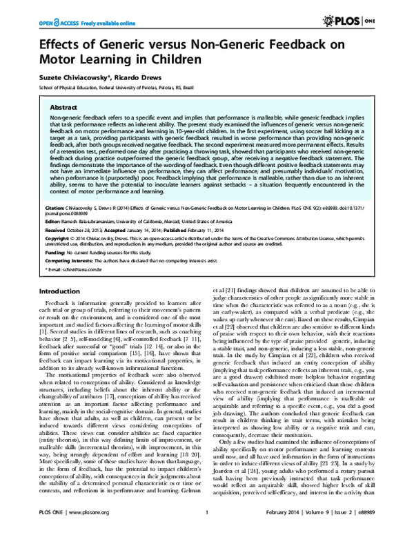 (PDF) Effects of Generic versus Non-Generic Feedback on Motor Learning ...