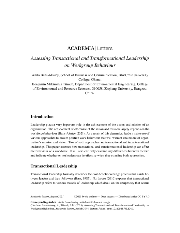 (PDF) Assessing Transactional and Transformational Leadership on Workgroup Behaviour