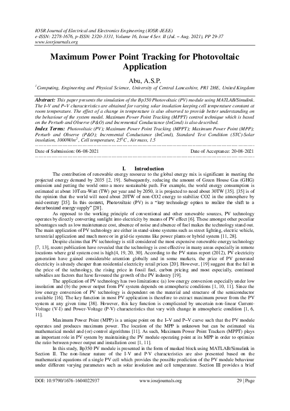 (PDF) Maximum Power Point Tracking for Photovoltaic Application