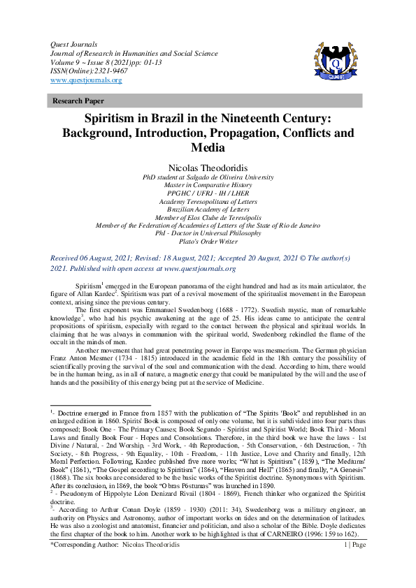 (PDF) Spiritism in Brazil in the Nineteenth Century: Background ...