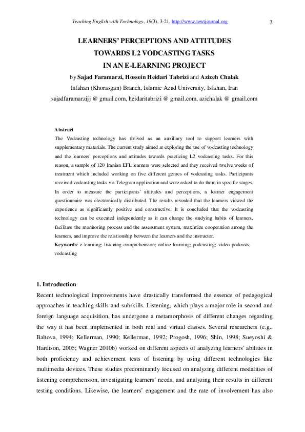 (PDF) Learners’ perceptions and attitudes towards l2 vodcasting tasks in an e-learning project