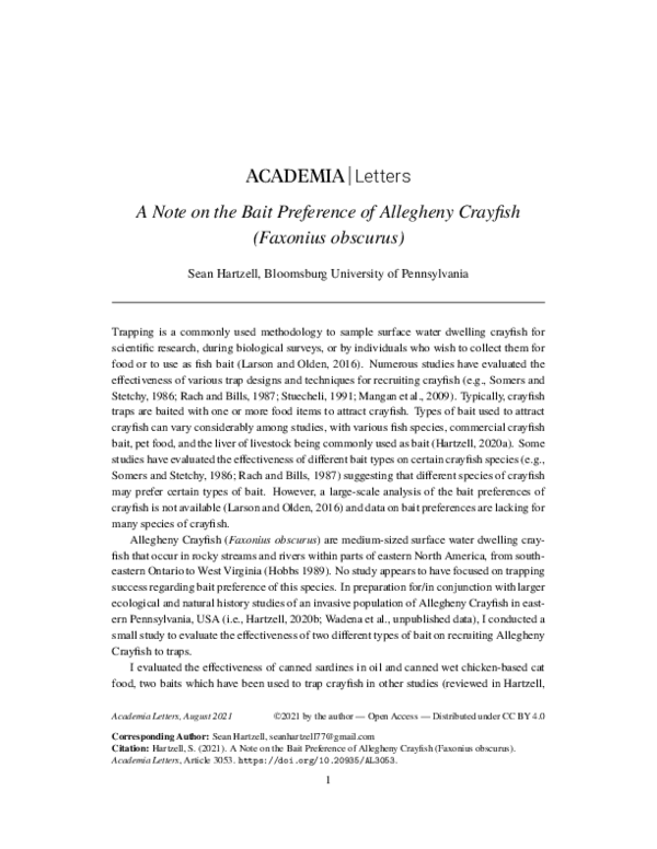 (PDF) A Note on the Bait Preference of Allegheny Crayfish (Faxonius ...