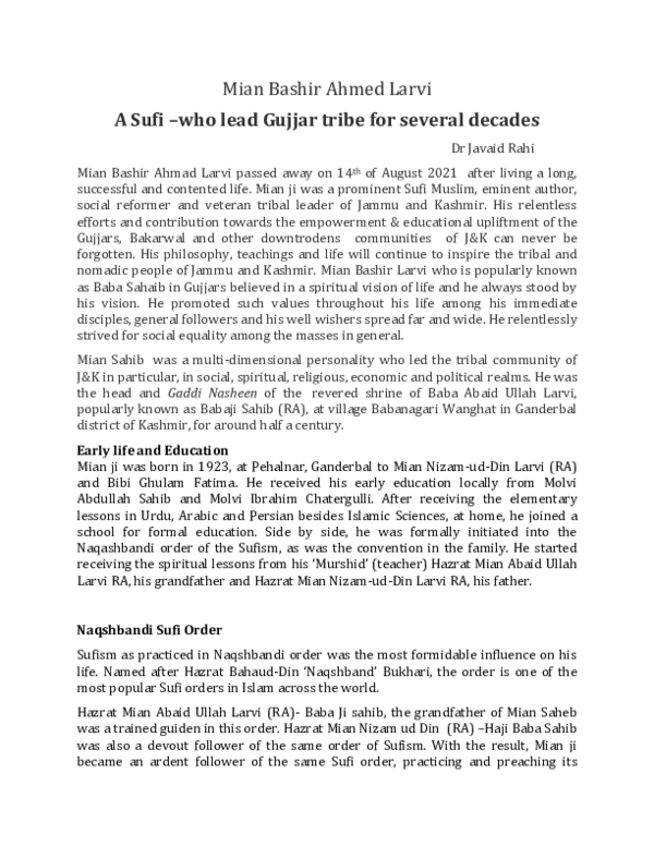 (PDF) Mian Bashir Ahmed Larvi -A Saint and a Gujjar leader -Life and ...