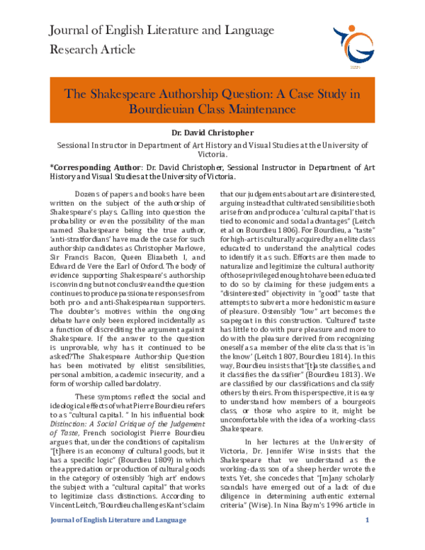 (PDF) The Shakespeare Authorship Question: A Case Study in Bourdieuian ...