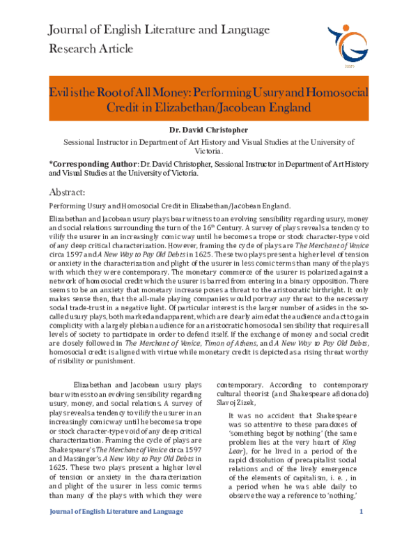 (PDF) Evil is the Root of All Money: Performing Usury and Homosocial ...