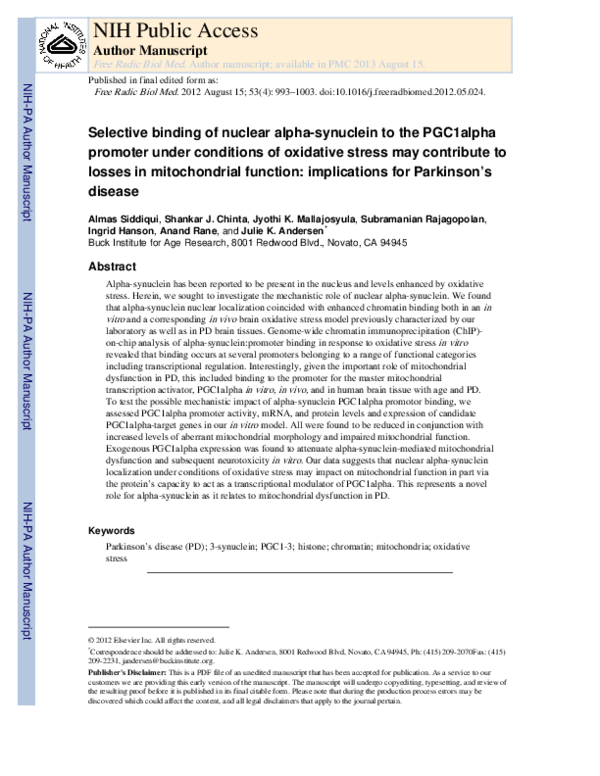(PDF) Selective binding of nuclear alpha-synuclein to the PGC1alpha promoter under conditions of ...