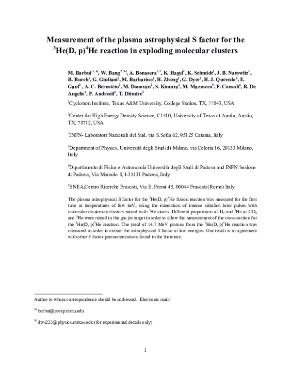(PDF) Measurement of the Plasma Astrophysical S Factor for the ^{3}He(d ...
