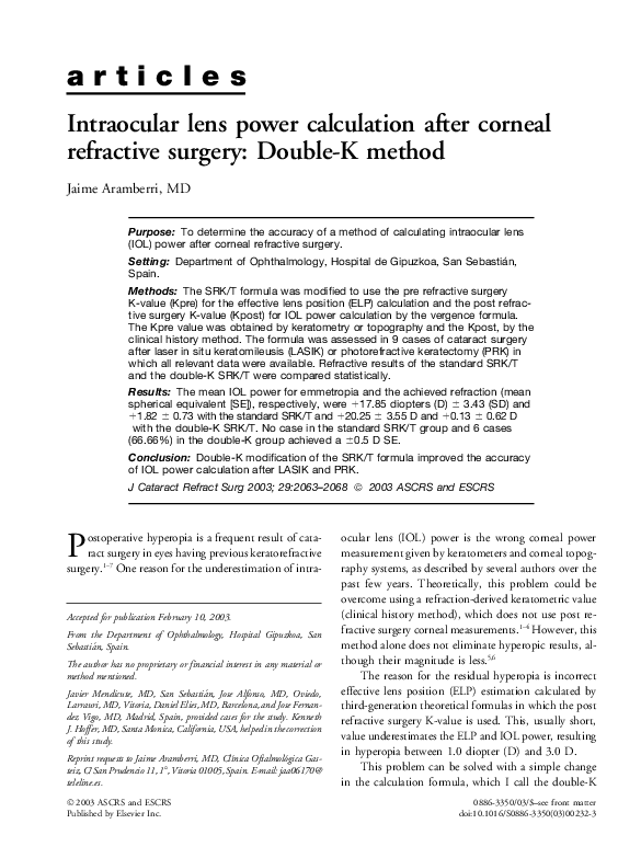 (PDF) Intraocular lens power calculation after corneal refractive surgery