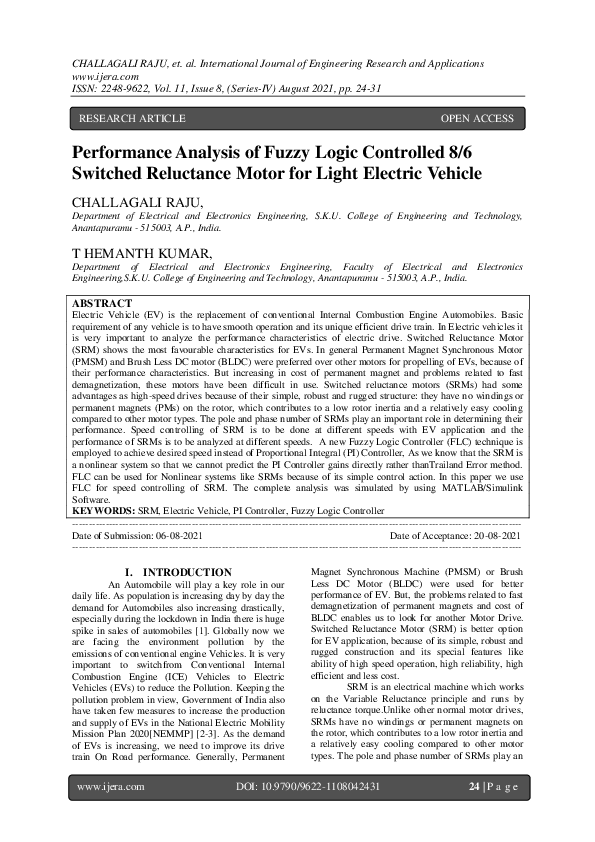 (PDF) Performance Analysis of Fuzzy Logic Controlled 8/6 Switched Reluctance Motor for Light ...