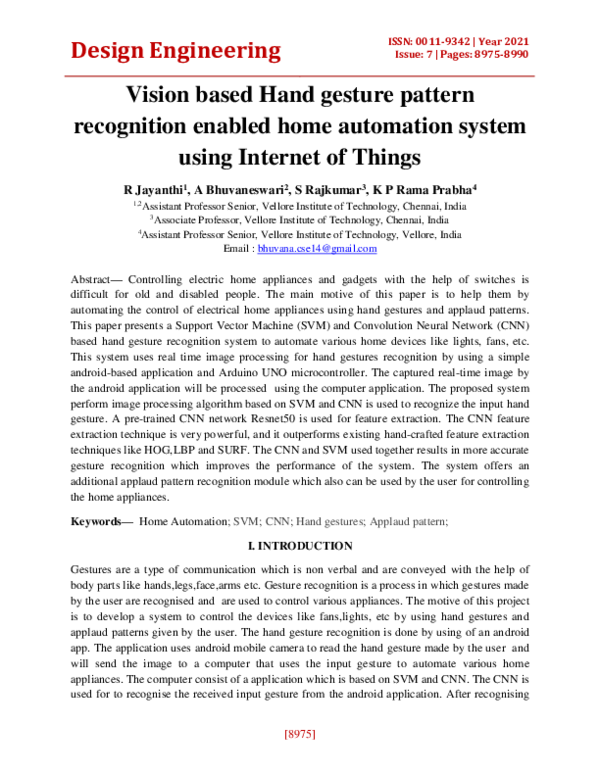 Pdf Vision Based Hand Gesture Pattern Recognition Enabled Home Automation System Using
