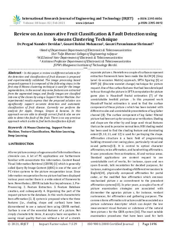 Pdf Irjet Review On An Innovative Fruit Classification And Fault Detection Using K Means