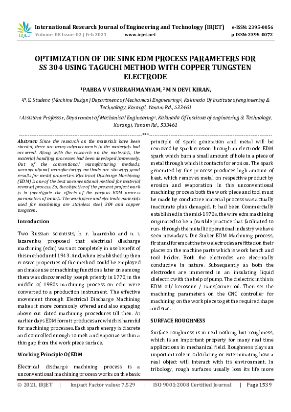 (PDF) IRJET- OPTIMIZATION OF DIE SINK EDM PROCESS PARAMETERS FOR SS 304 USING TAGUCHI METHOD ...