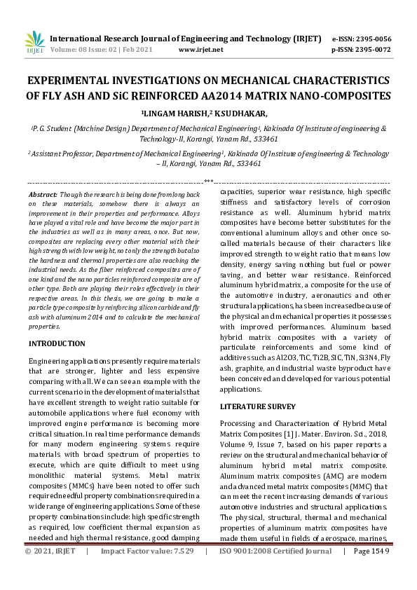 (PDF) IRJET- EXPERIMENTAL INVESTIGATIONS ON MECHANICAL CHARACTERISTICS OF FLY ASH AND SiC ...