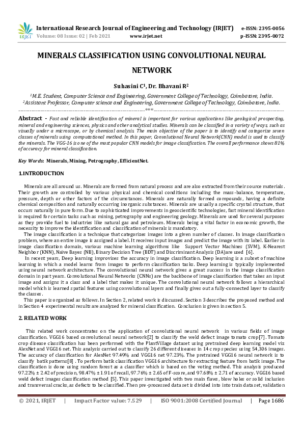 (PDF) IRJET- MINERALS CLASSIFICATION USING CONVOLUTIONAL NEURAL NETWORK | IRJET Journal ...