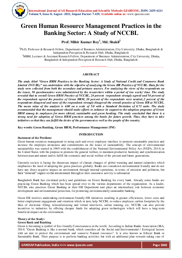 (PDF) Green Human Resource Management Practices in the Banking Sector: A Study of NCCBL ...