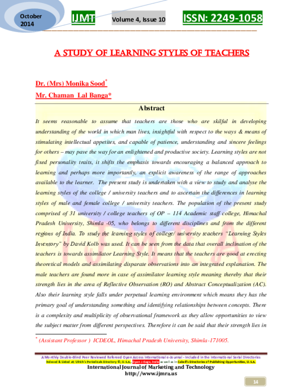 (PDF) A STUDY OF LEARNING STYLES OF TEACHERS