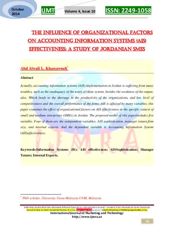Pdf The Influence Of Organizational Factors On Accounting Information Systems Ais