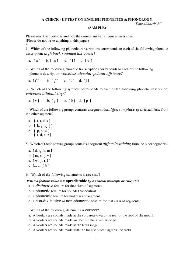 (PDF) SAMPLE END TEST ON PHONETICS 1