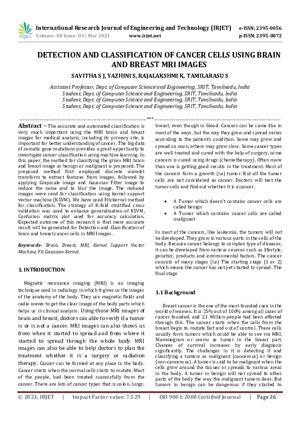 (PDF) IRJET- DETECTION AND CLASSIFICATION OF CANCER CELLS USING BRAIN ...