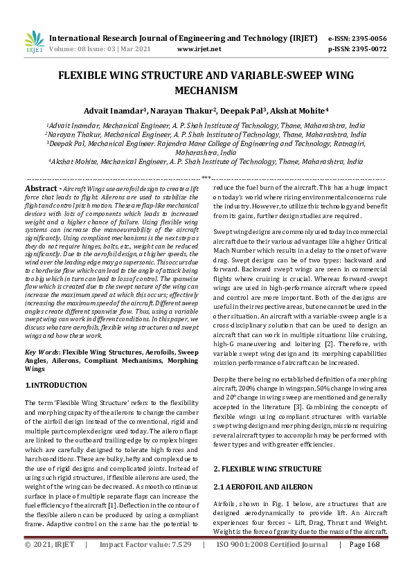 (PDF) IRJET-FLEXIBLE WING STRUCTURE AND VARIABLE-SWEEP WING MECHANISM
