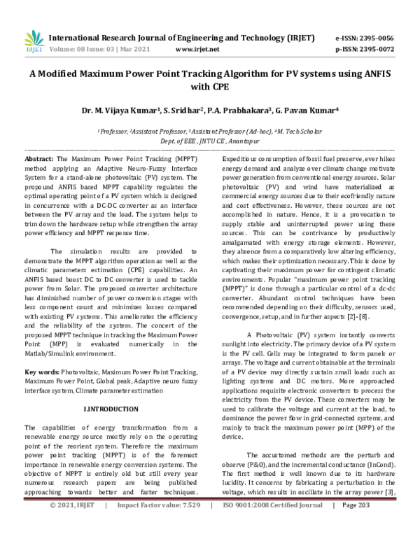 Pdf A Modified Maximum Power Point Tracking Algorithm For Pv Systems Using Anfis With Cpe