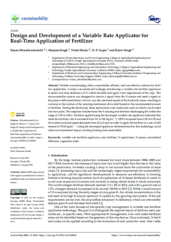 Pdf Design And Development Of A Variable Rate Applicator For Real Time Application Of Fertilizer