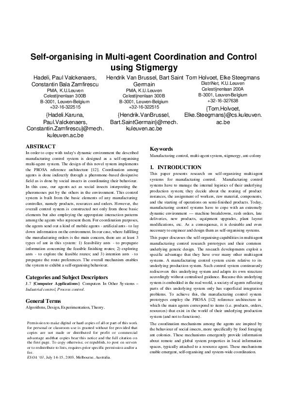 (PDF) … Self-organising in multi-agent coordination and control using stigmergy. Engineering ...
