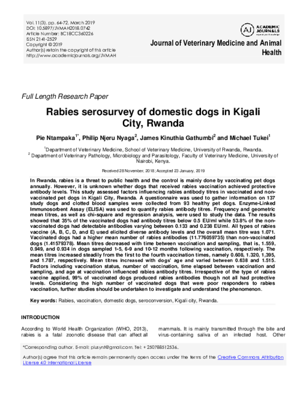 (PDF) Rabies serosurvey of domestic dogs in Kigali City, Rwanda