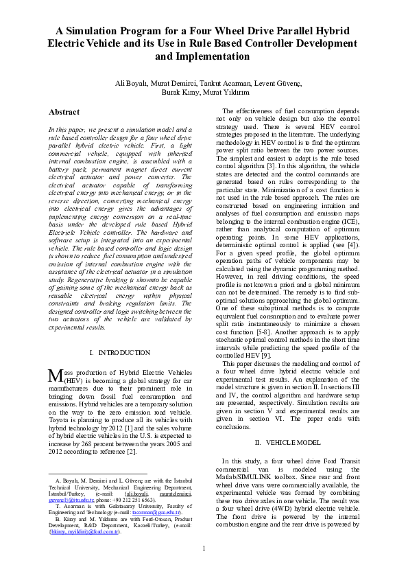 (PDF) A Simulation Program for a Four-Wheel Drive Parallel Hybrid Electric Vehicle and its Use ...