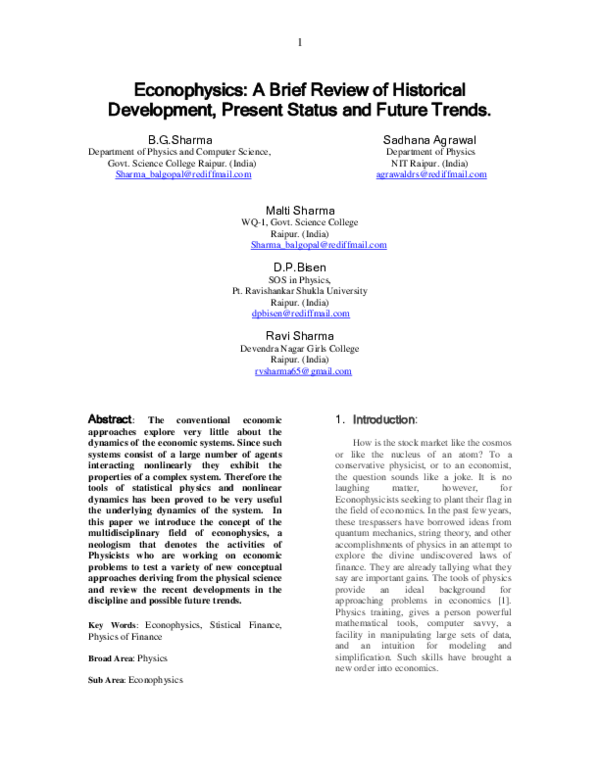 (PDF) Econophysics: A Brief Review of Historical Development, Present ...
