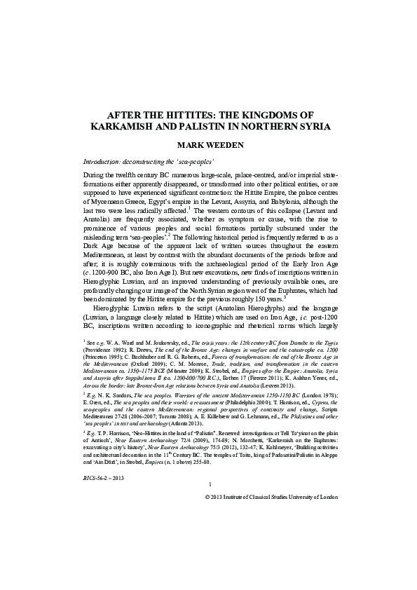 (PDF) After the Hittites: The Kingdoms of Karkamish and Palistin in ...