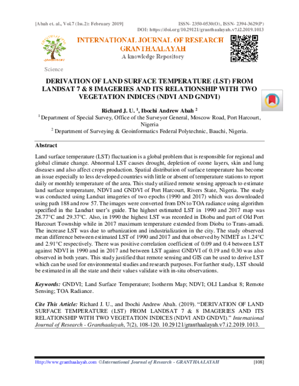(PDF) Derivation of Land Surface Temperature (LST) from Landsat 7 8 Imageries and Its ...