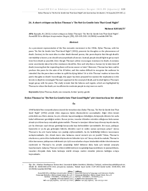 (PDF) A short critique on Dylan Thomas's "Do Not Go Gentle Into That ...