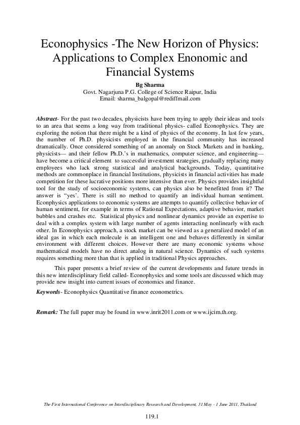 (PDF) Econophysics - The New Horizon of Physics