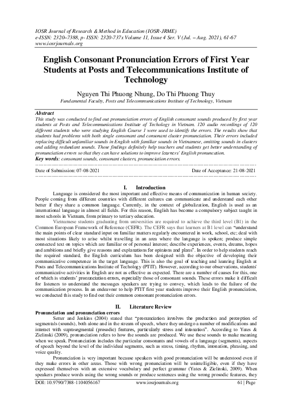 (PDF) English Consonant Pronunciation Errors of First Year Students at ...