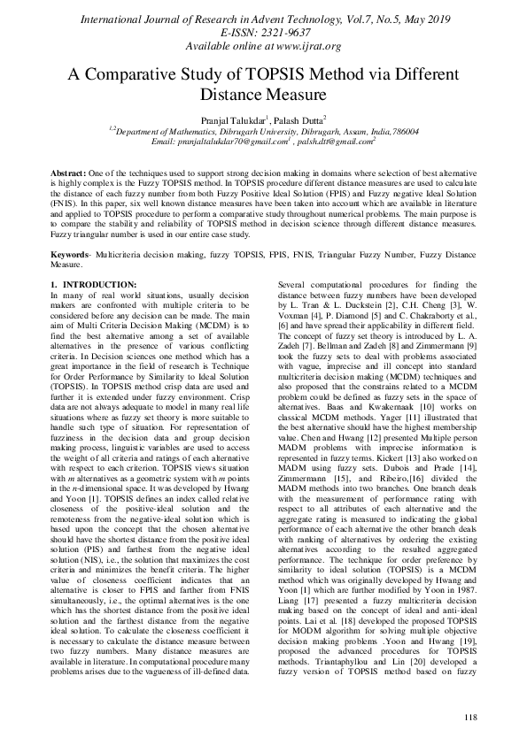 (PDF) A Comparative Study of TOPSIS Method via Different Distance Measure