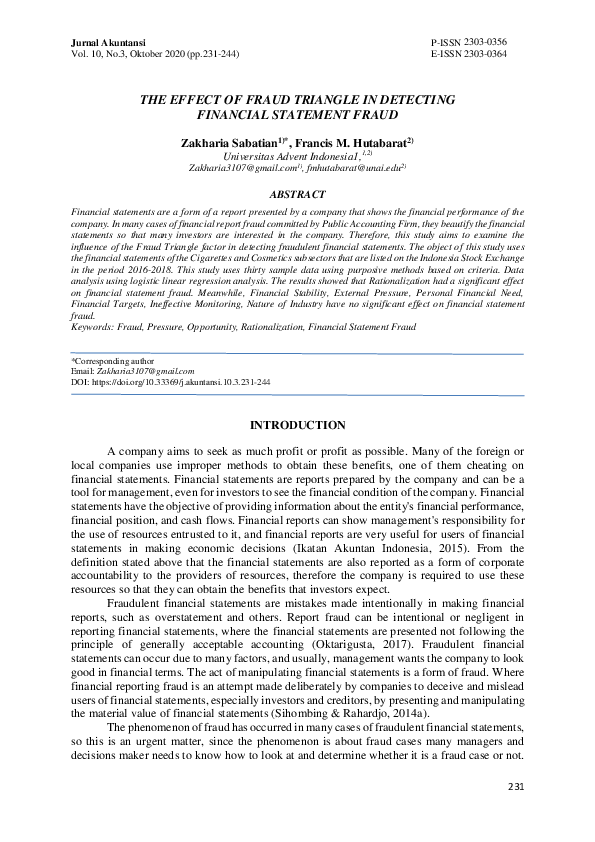 (PDF) The Effect of Fraud Triangle in Detecting Financial Statement Fraud