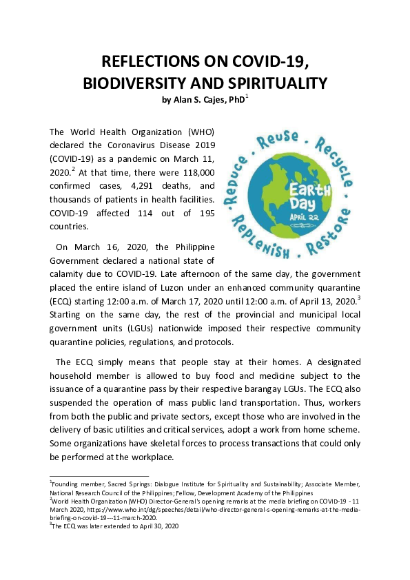 (PDF) Reflections on COVID-19, Biodiversity and Spirituality