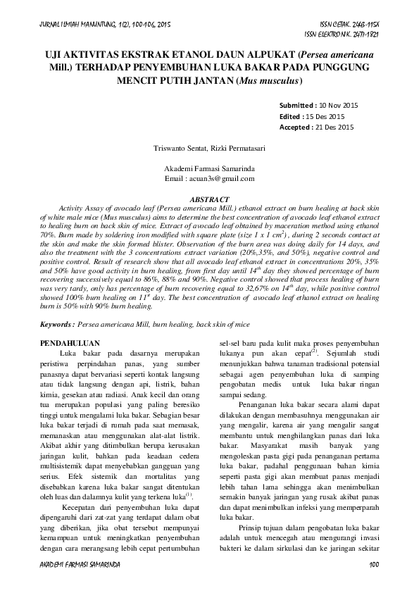 (PDF) UJI AKTIVITAS EKSTRAK ETANOL DAUN ALPUKAT (Persea americana Mill.) TERHADAP PENYEMBUHAN ...
