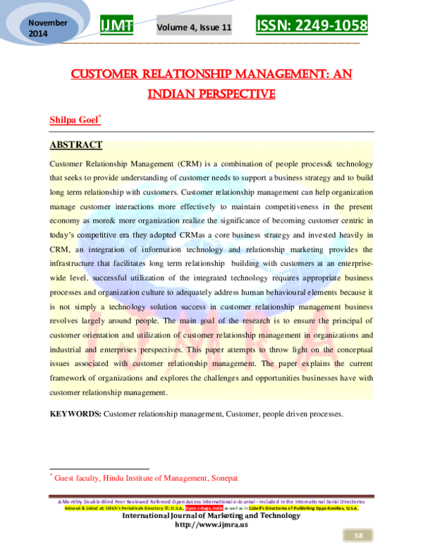 (PDF) Customer relationship management: An Indian Perspective