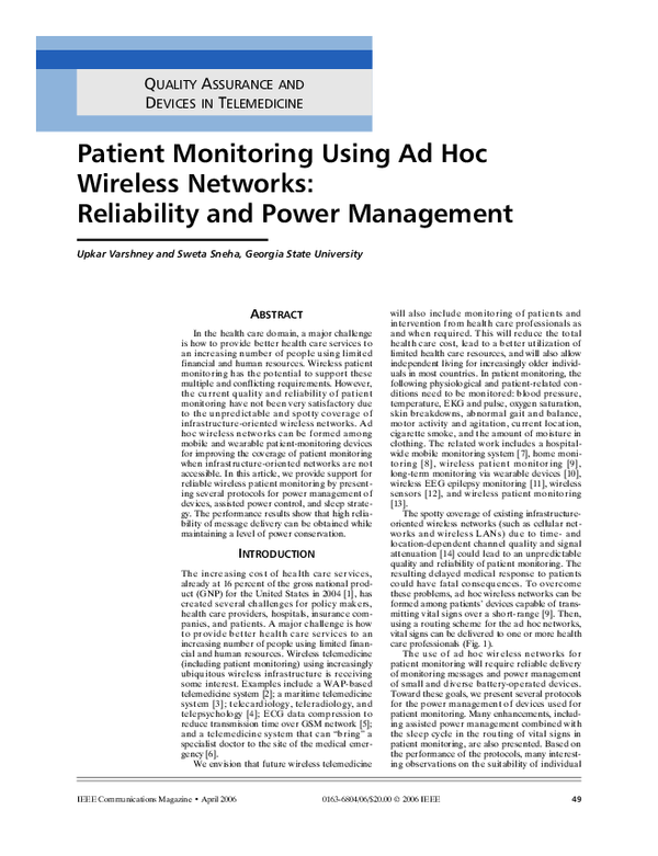 (PDF) Patient monitoring using ad hoc wireless networks: reliability and power management
