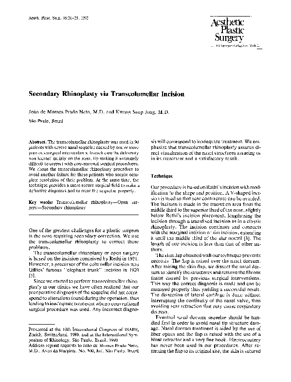 (PDF) Secondary rhinoplasty via transcolumellar incision