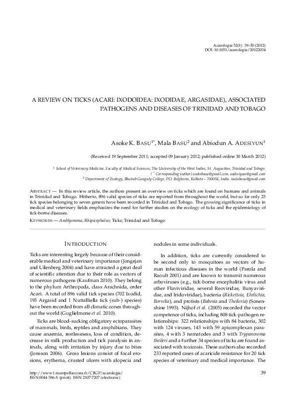 (PDF) A review on ticks (Acari: Ixodoidea: Ixodidae, Argasidae ...
