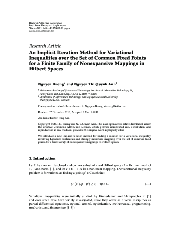 (PDF) An Implicit Iteration Method for Variational Inequalities over the Set of Common Fixed ...