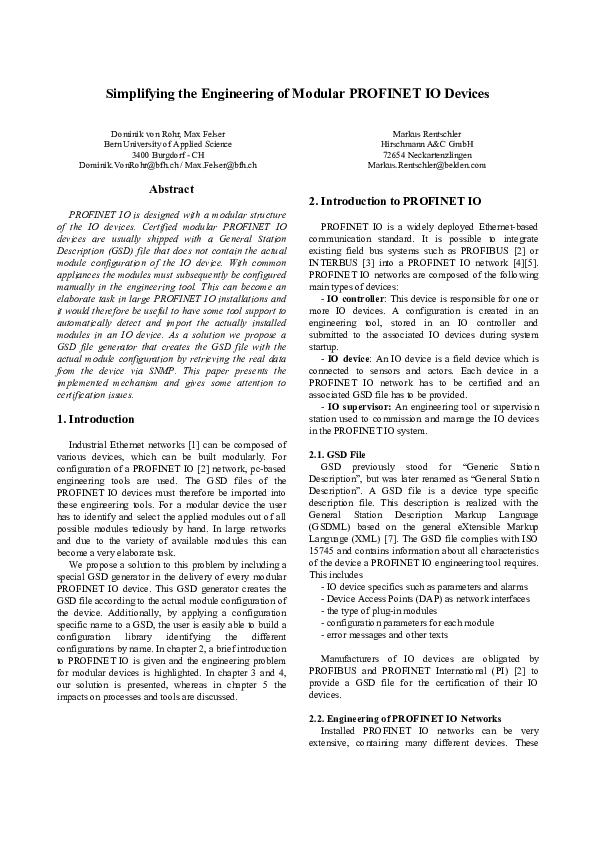 (PDF) Simplifying the engineering of modular PROFINET IO devices